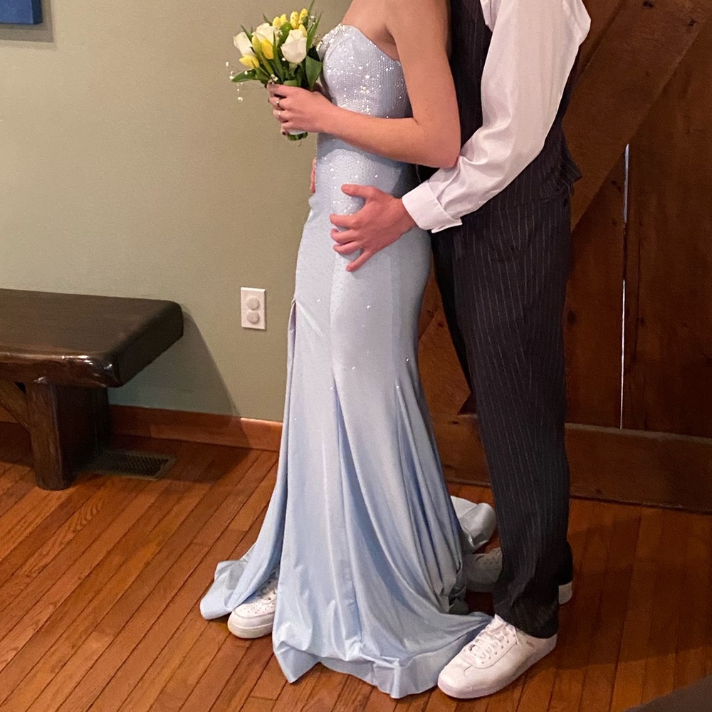 Light Blue Strapless Sparkly Satin Prom Dress - Gem